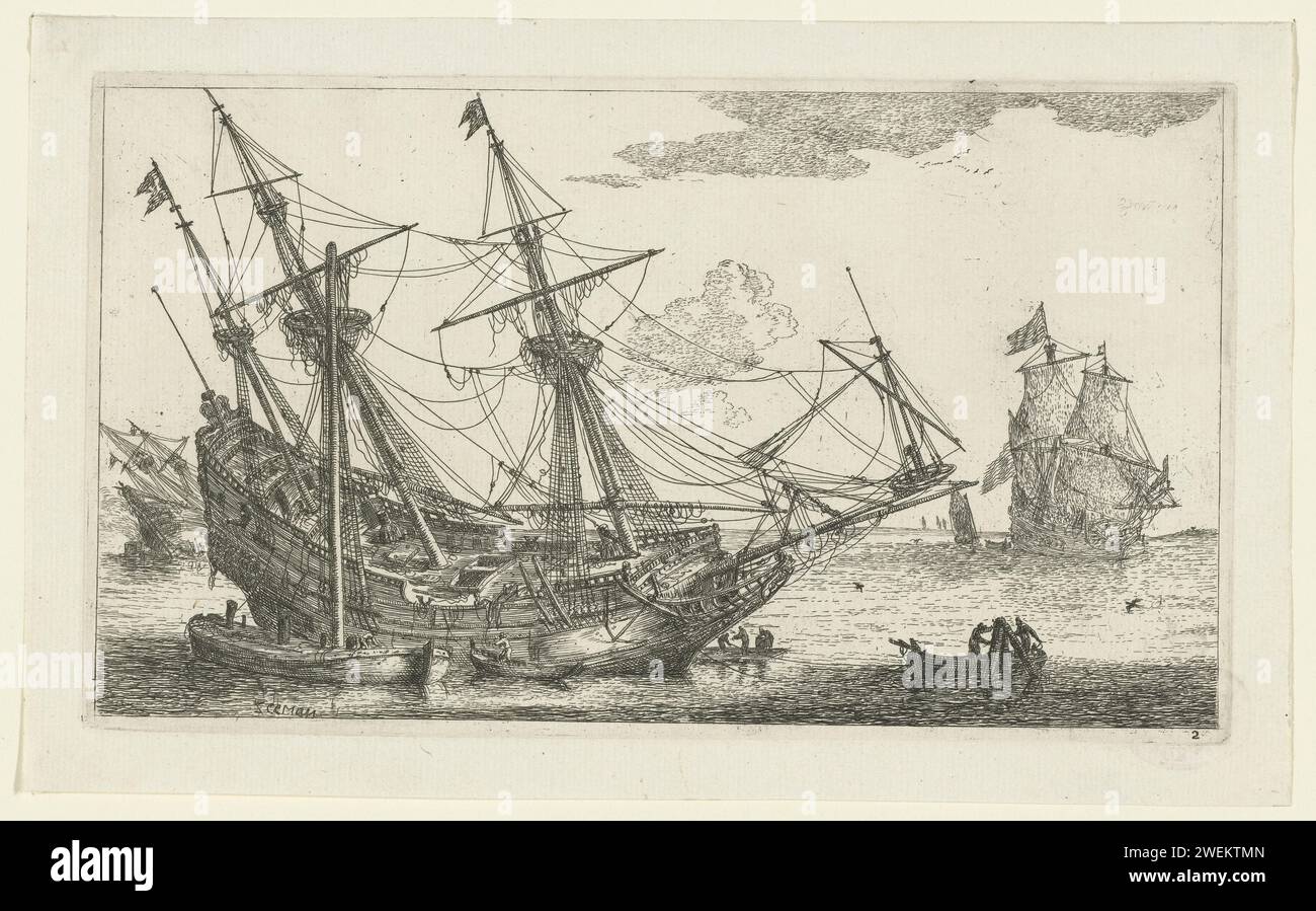 Repairs to the hull of a merchant ship, Reinier Nooms, 1652 print A ...