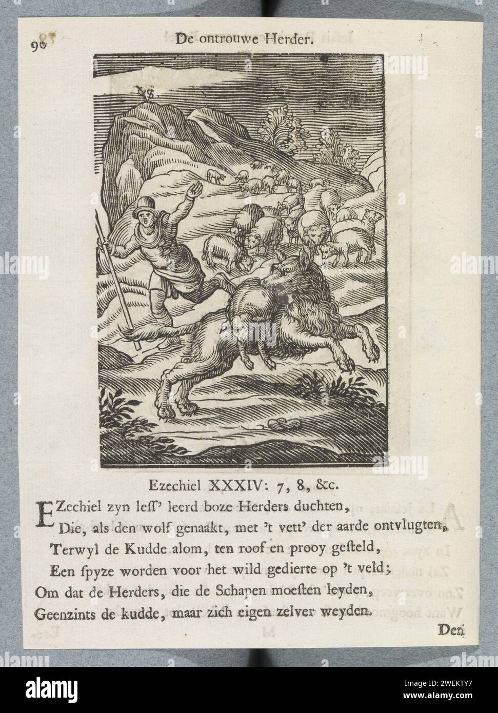 Parable of the bad shepherd, 1740 print A flock of sheep. A wolf got ...