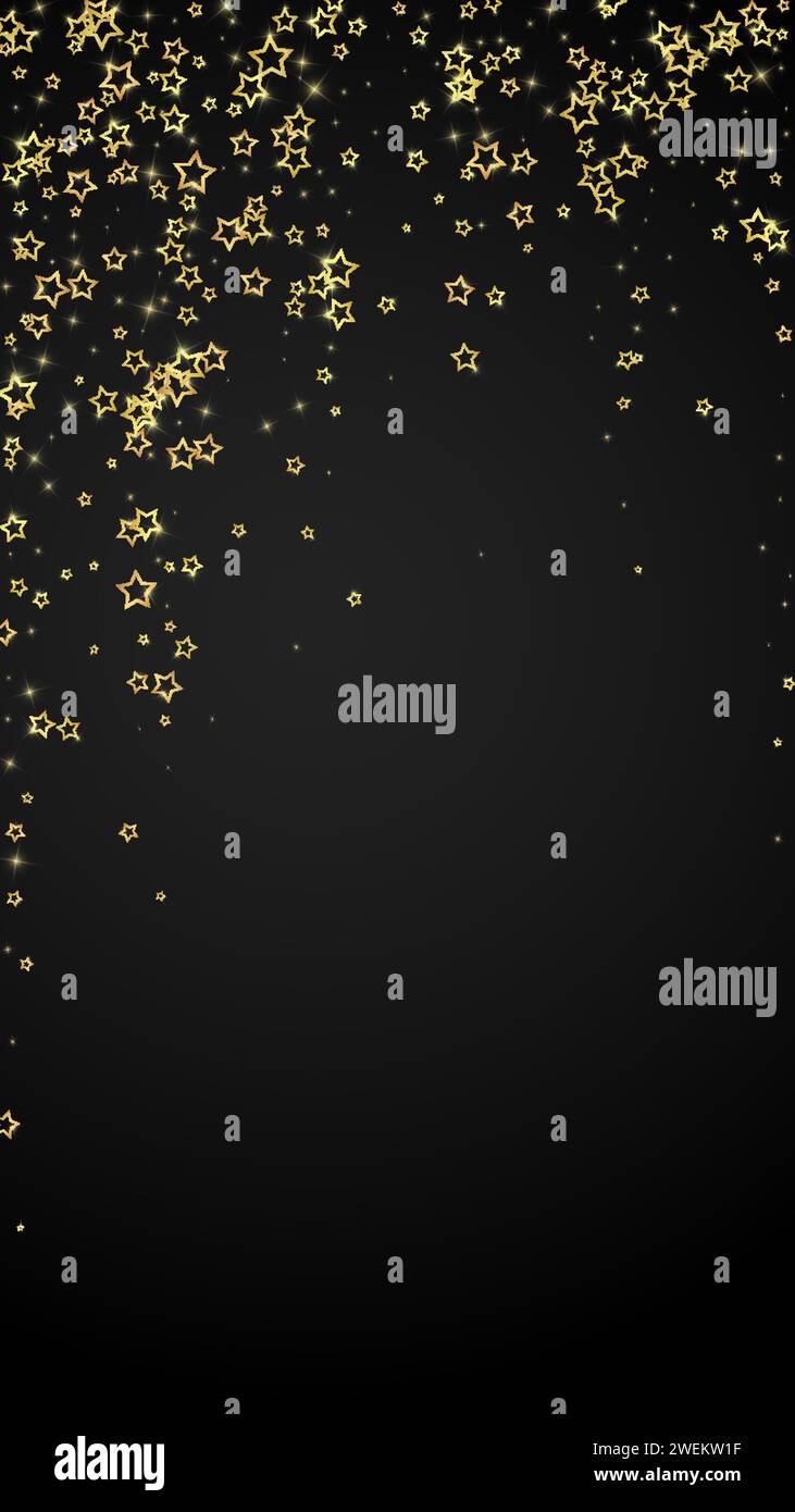 Gold sparkling star confetti. Chaotic dreamy childish overlay template. Festive stars vector ...