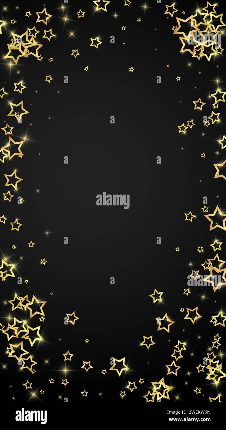 Gold sparkling star confetti. Chaotic dreamy childish overlay template. Festive stars vector ...