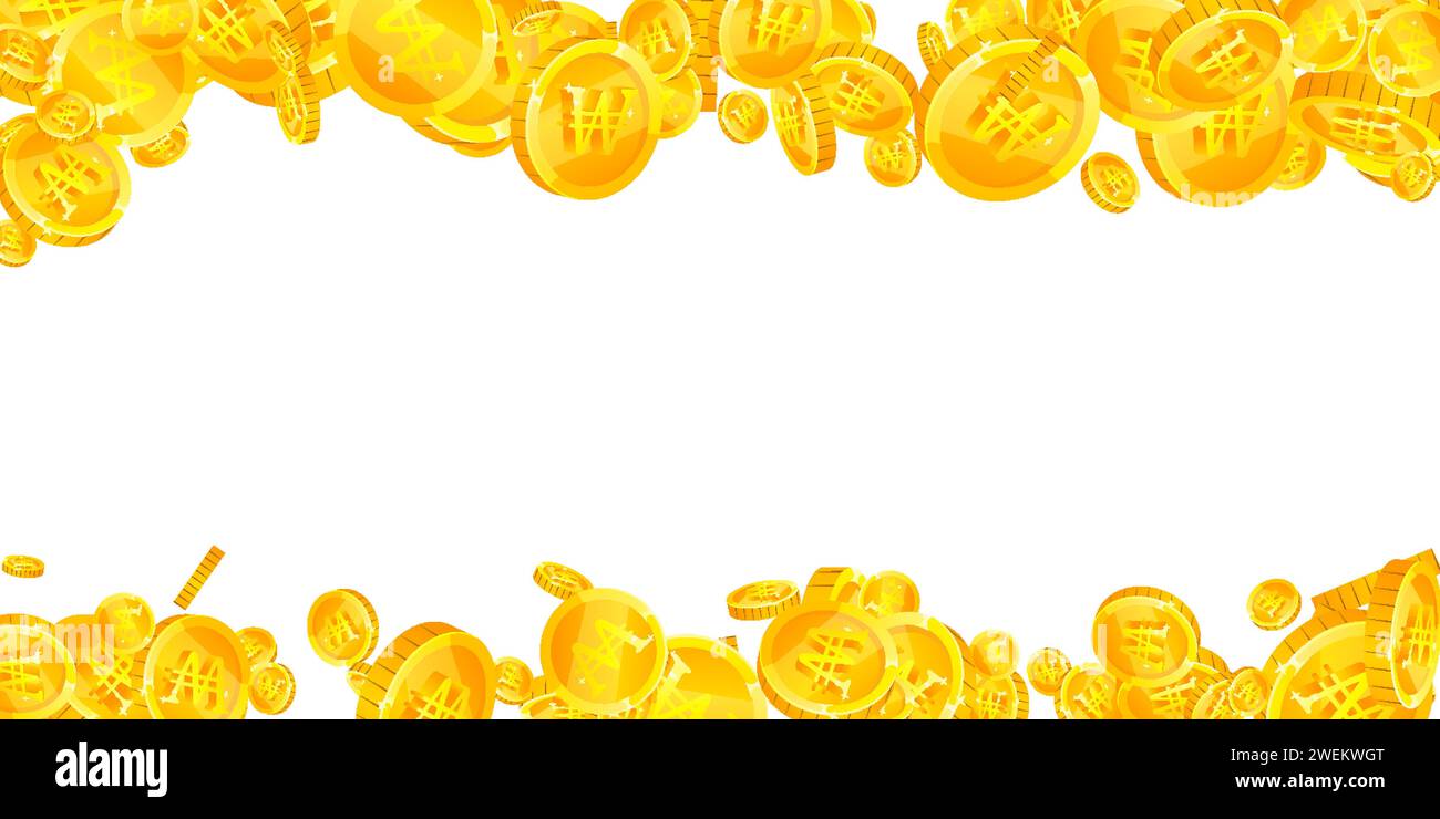 Korean won coins falling. Scattered gold WON coins. Korea money ...