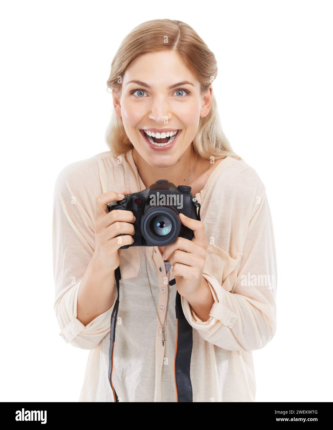 Portrait, creative photographer and excited woman with camera in studio ...