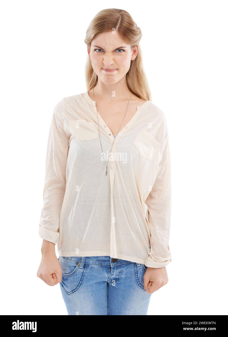 Angry, portrait and woman in studio frustrated, annoyed or posing with ...