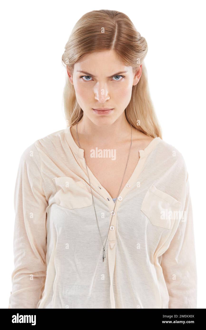 Portrait, angry and woman in studio frustrated, annoyed or posing with ...
