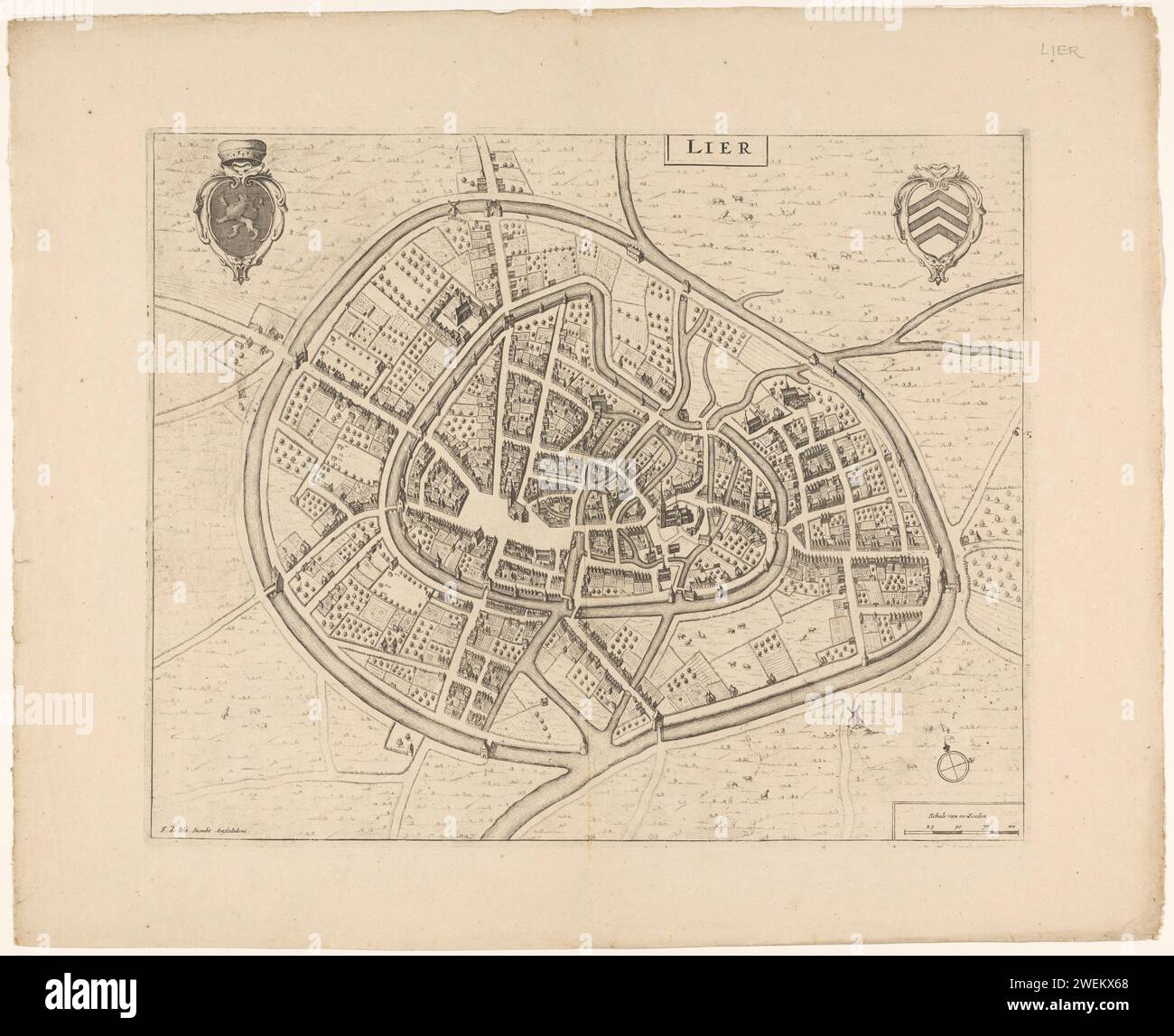 Map of Lier, Anonymous, c. 1700 - 1728 print Map of Lier with buildings ...