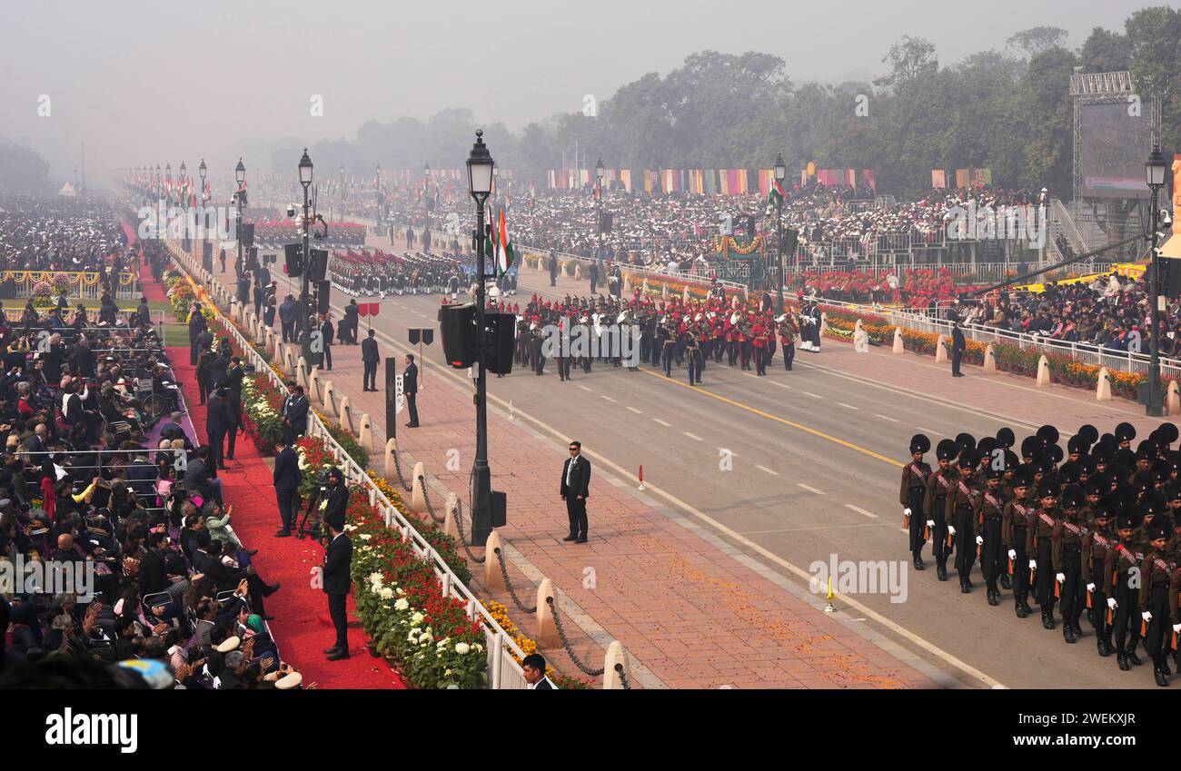 Indian defense forces march through the ceremonial Kartavya Path ...