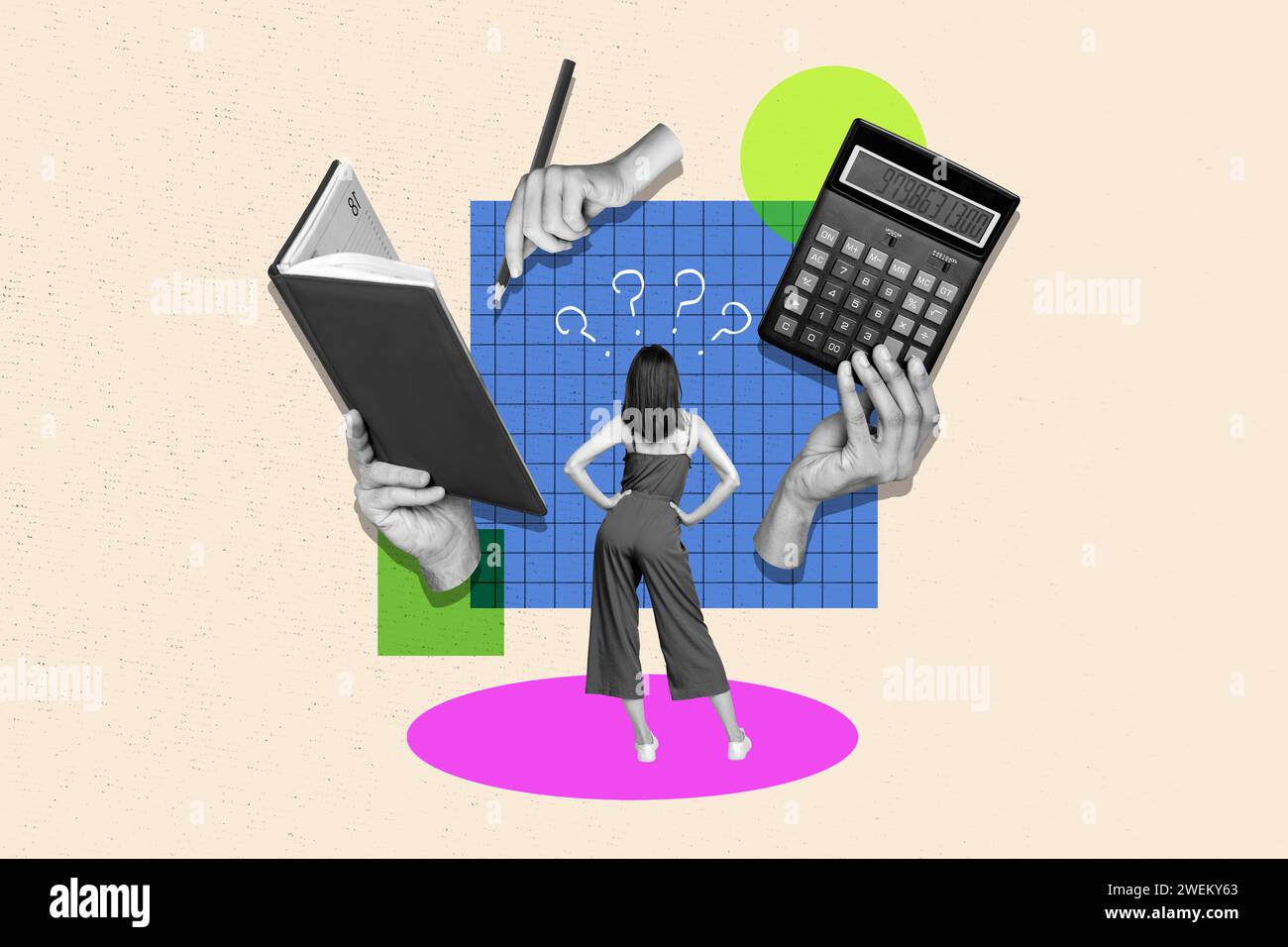 Horizontal surreal picture photo collage of young lady stand backwards ...