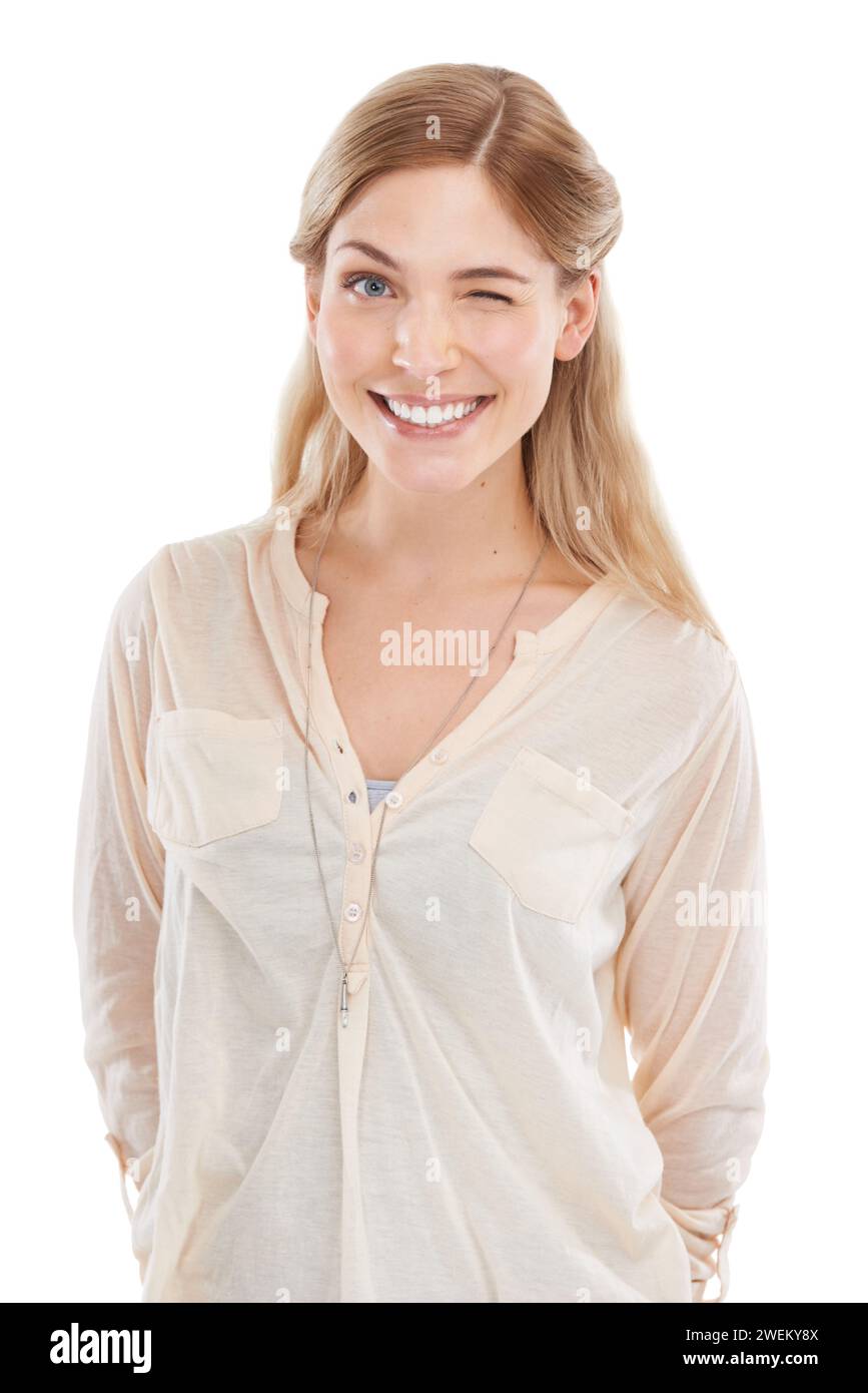 Eye, wink or portrait of happy woman in studio with signal, sign or ...