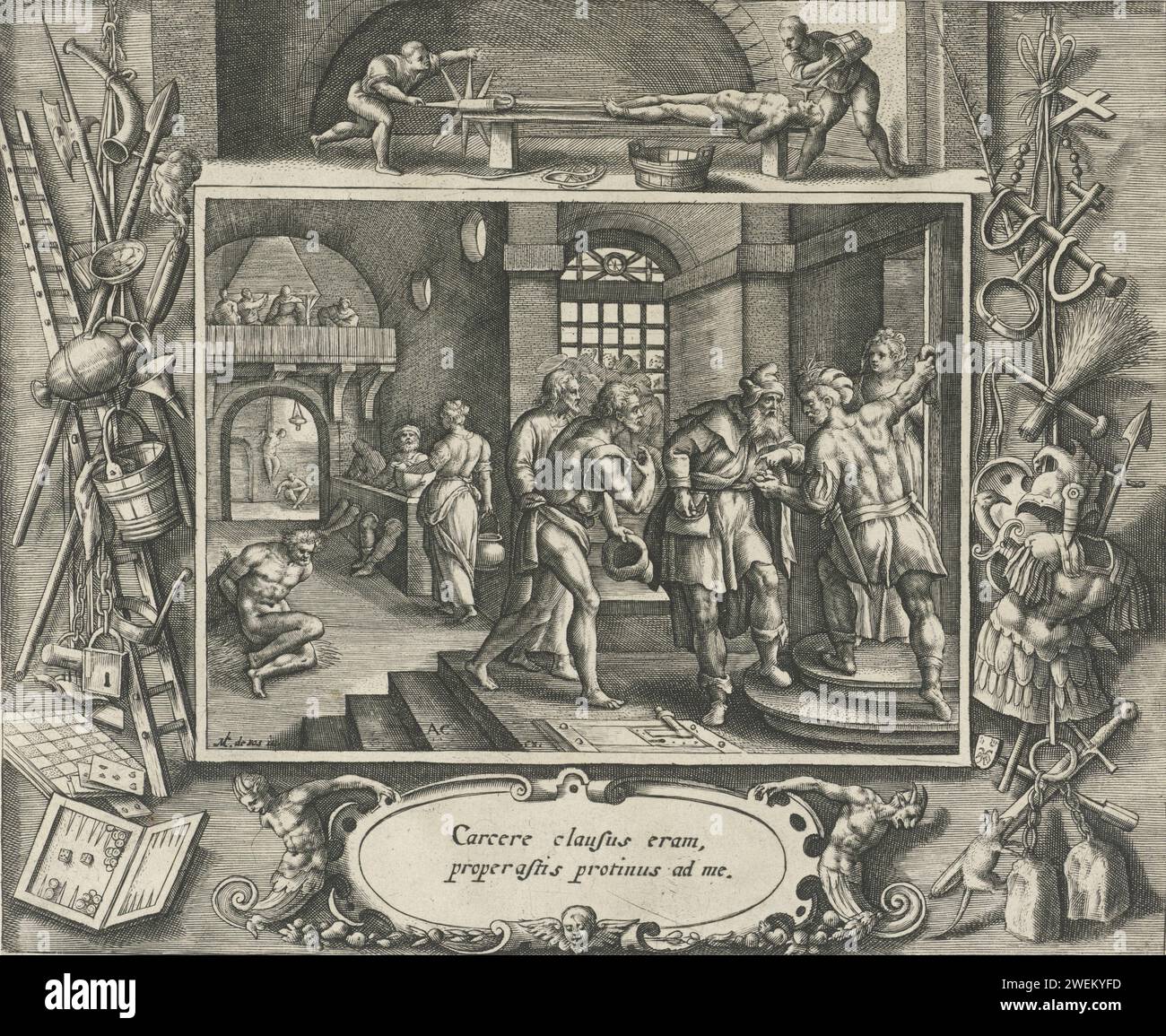 The prisoners visit, Crispijn van de Passe (I), After Maerten de Vos, 1580 - 1588 print Men come ...