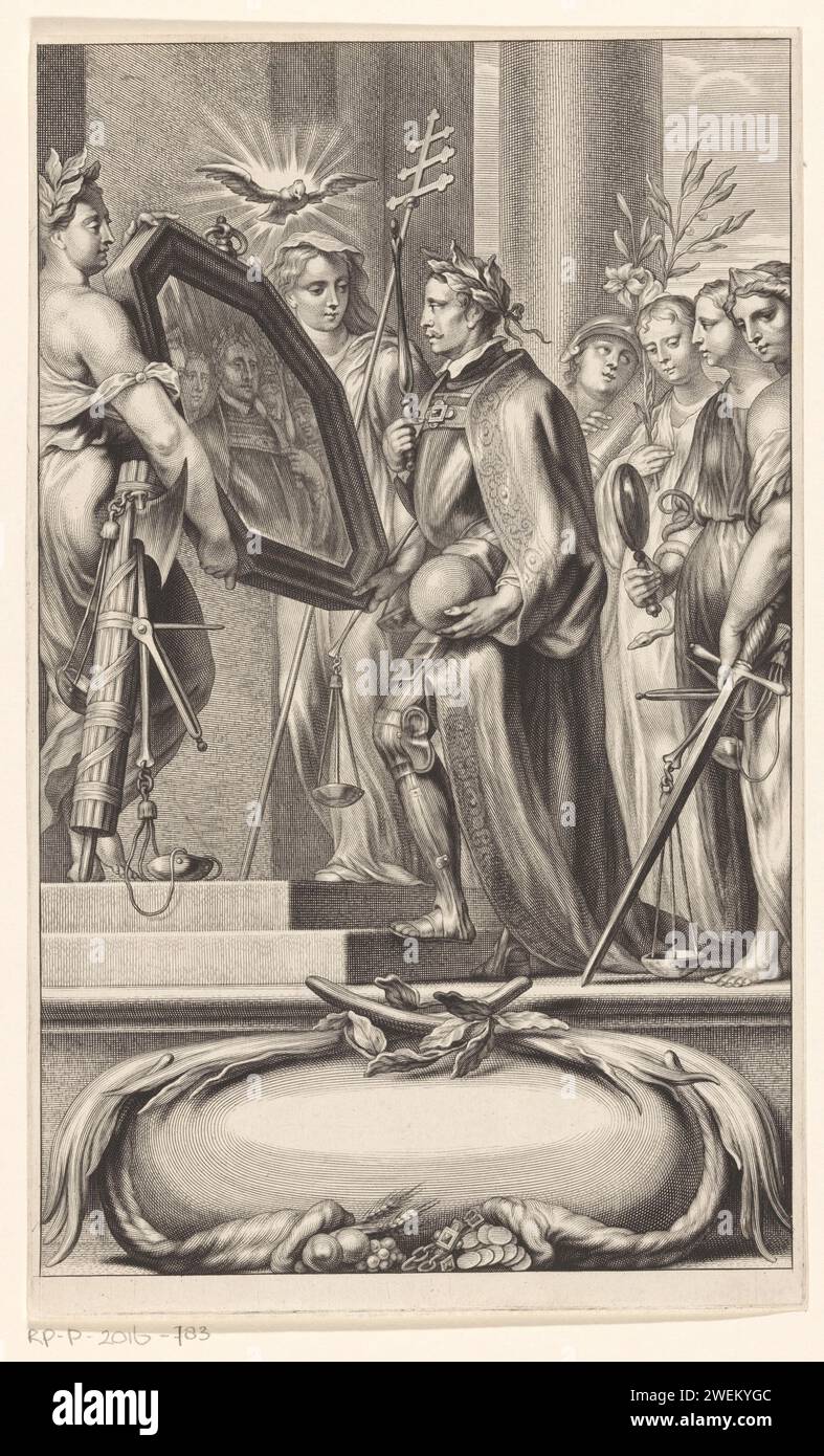 Koning is presented mirror by justice and faith, Anonymous, 1655 print ...