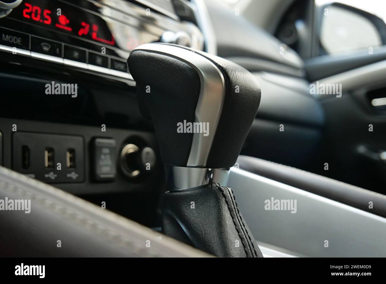 Transmission Shifter With Aluminum Elements In Leather Car Interior ...