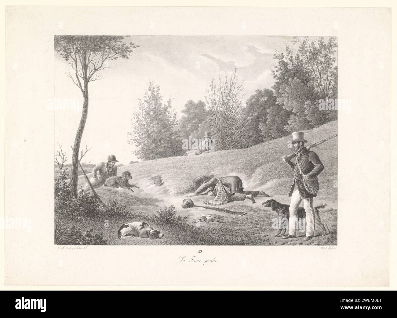 Hunting presentation with hunter kneeling on the floor, Pierre Langlumé ...