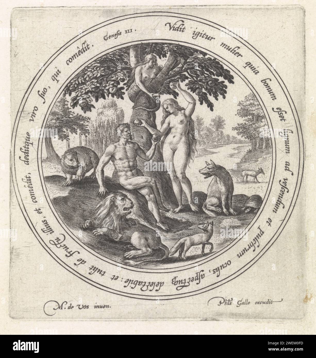 Eva offers Adam the forbidden fruit, Crispijn van de Passe (I), After Maerten de Vos, 1580 ...