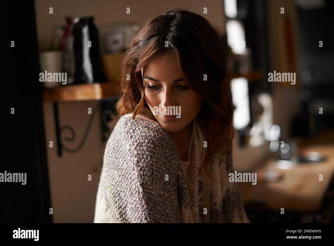 Sad, depression and young woman at house with upset, grief and mad ...