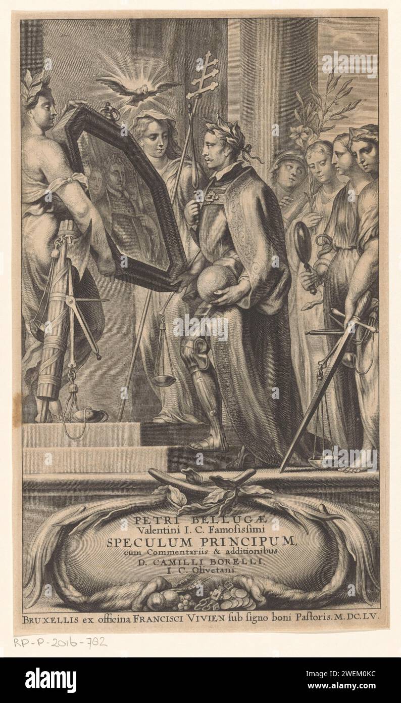 Koning is presented mirror by justice and faith, Anonymous, 1655 print ...