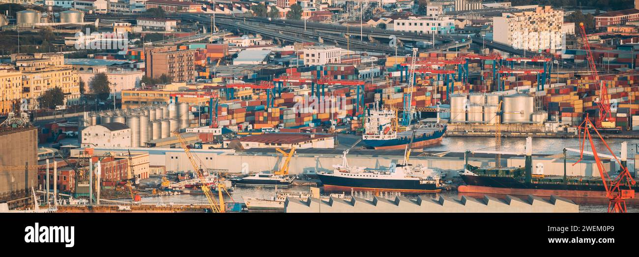 Naples, Italy. Top View Of Barge Freight Ship Tanker And Container Terminal In Port Of Naples ...