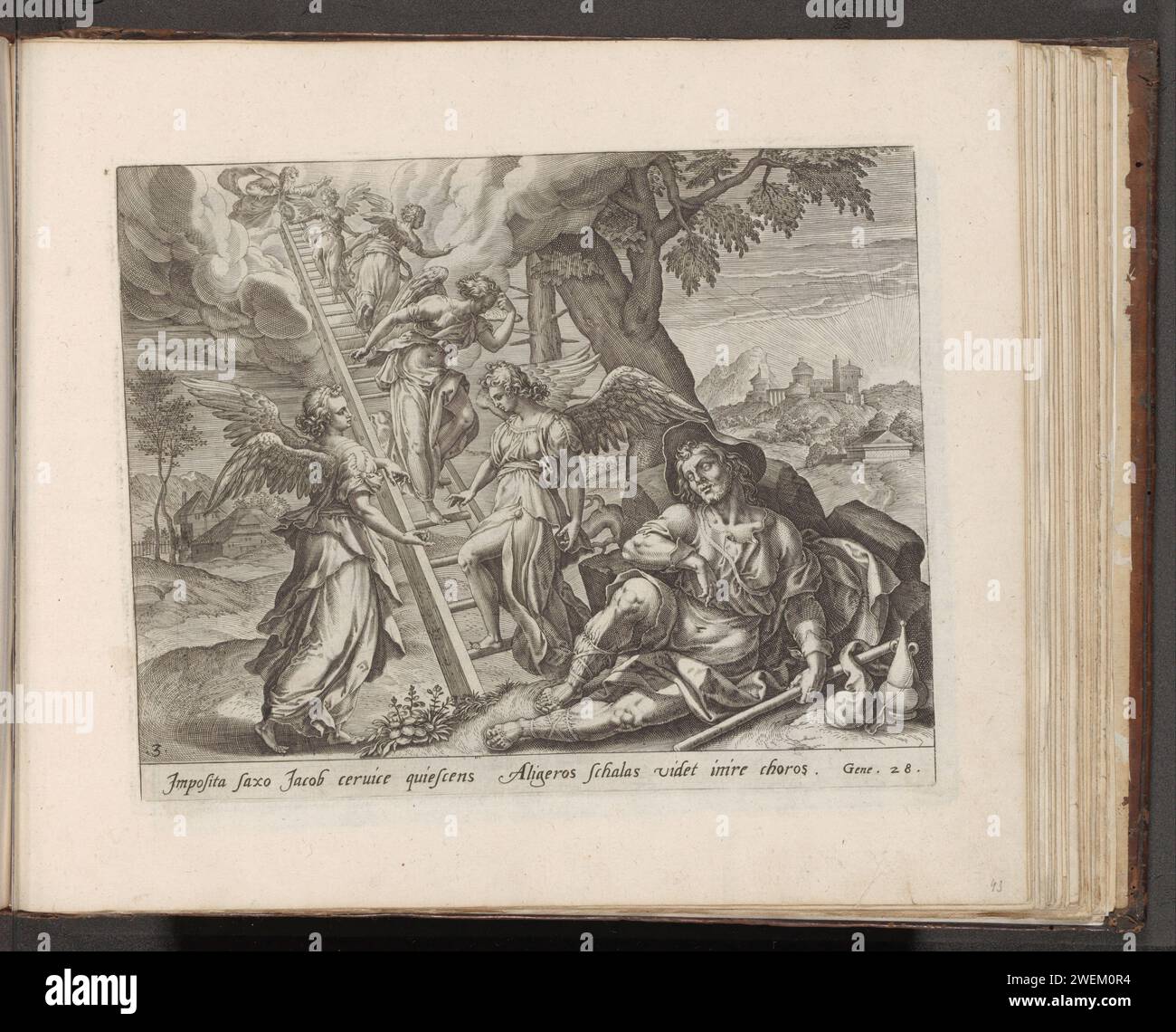 Jakobs Ladder, 1579 print Jakob is sleeping against a stone and dreams ...