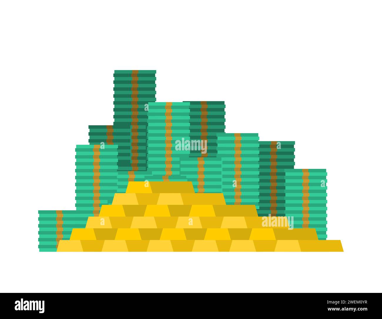 Stacks of money and gold. Stack of dollars and gold bars. Stacks of ...