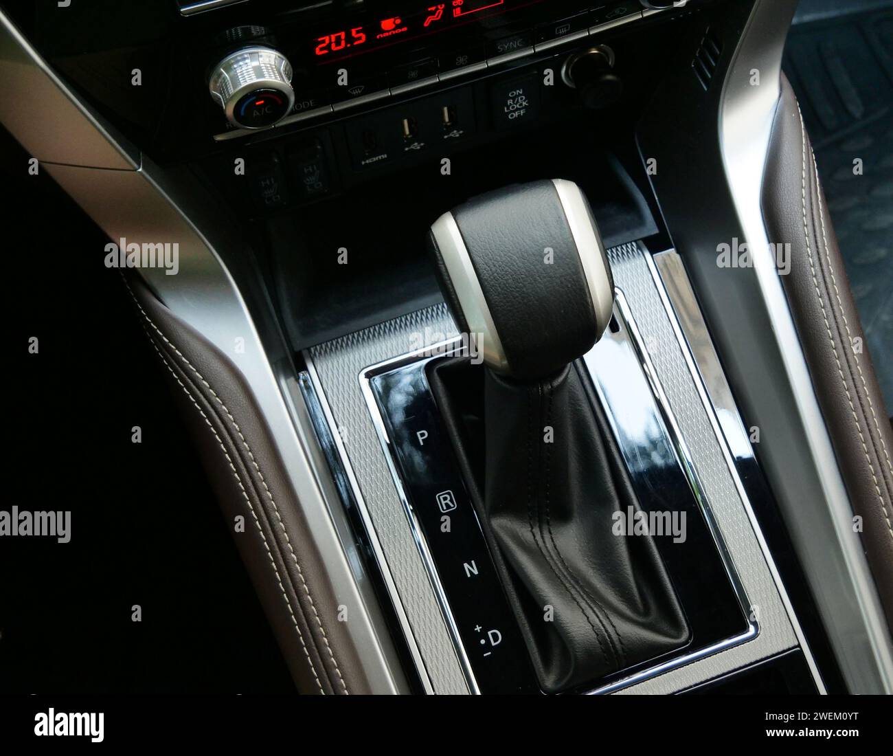 Top view of the panel with the gearbox knob and driving modes in modern ...