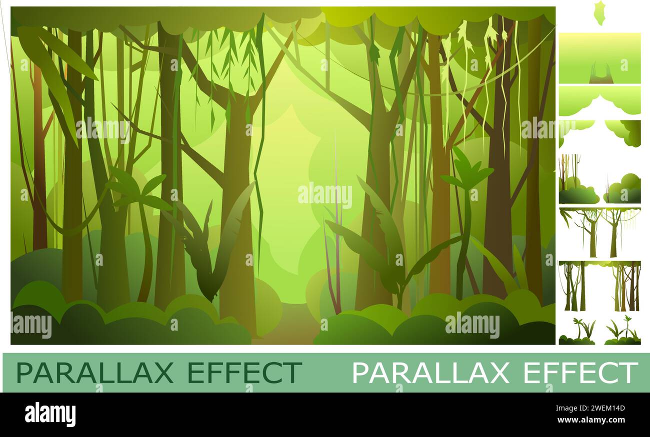 Jungle landscape. Set of slides for parallax effect. Funny cartoon ...