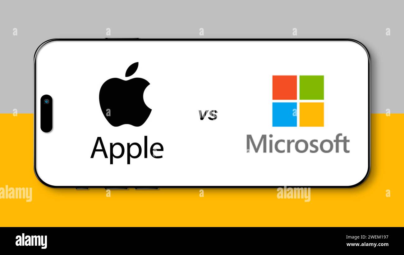 Istanbul, Turkey - 26 January 2024: Apple versus Microsoft brand logos on a phone screen ...