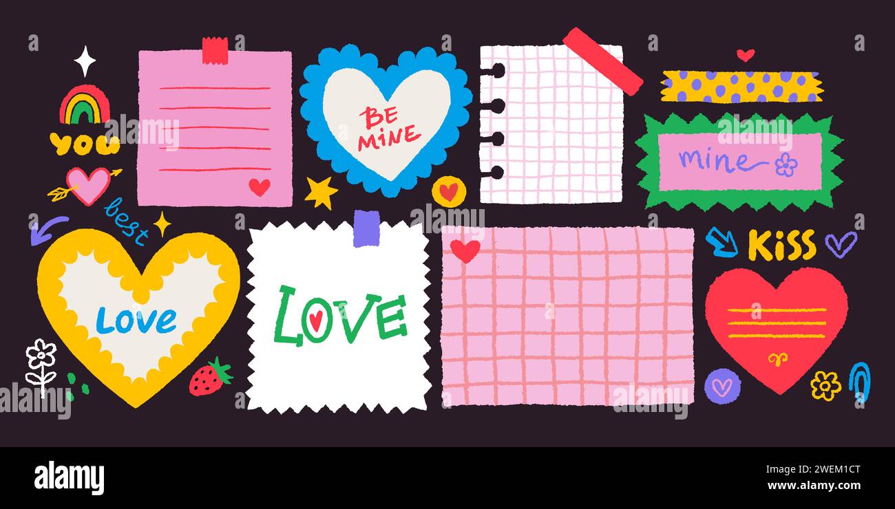 Paper valentine memo notes on stickers. Vector vintage sticky notes and ...