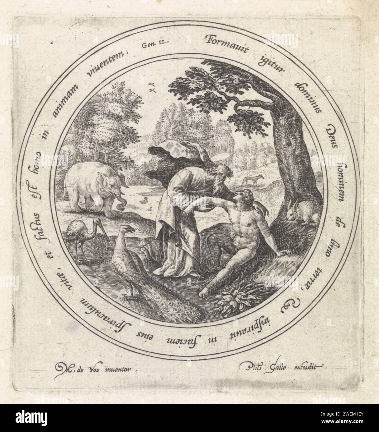 The creation of Adam, Crispijn van de Passe (I), After Maerten de Vos, 1580 - 1588 print God ...