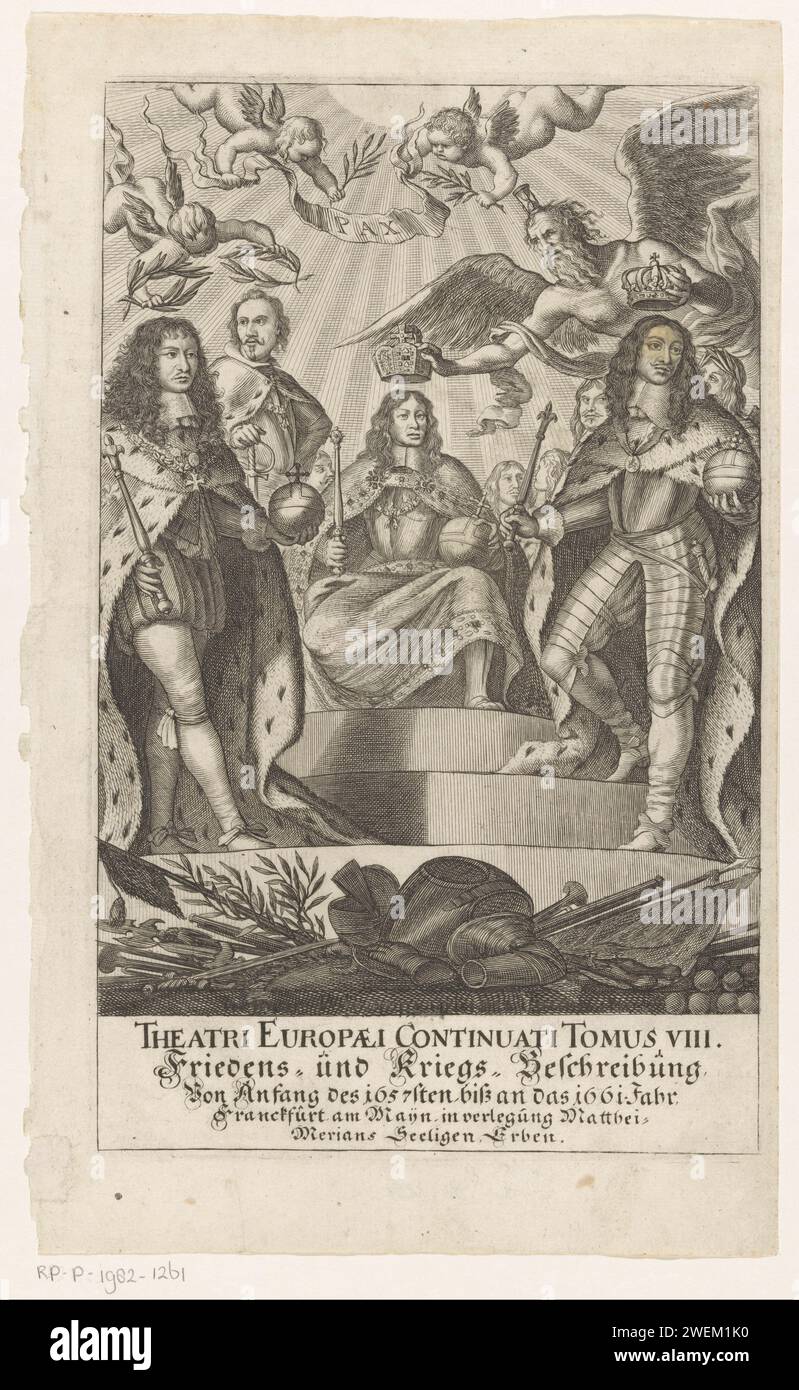 Lauwering and Coronation of Koningen, 1663 print Two kings with scepter ...