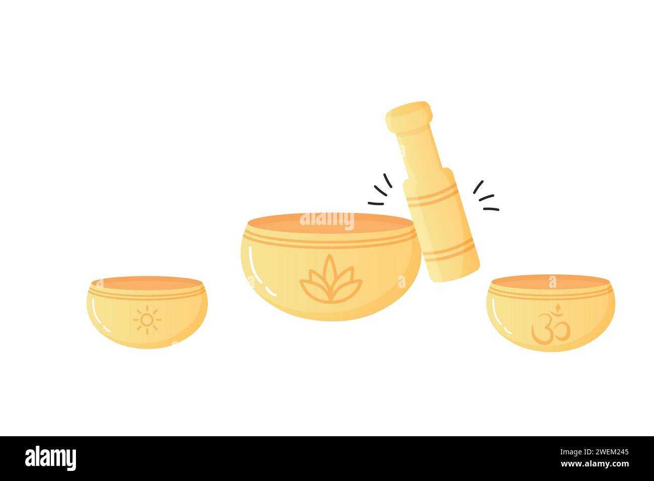 singing bowl, sound treatment, golden cartoon style isolated on white ...