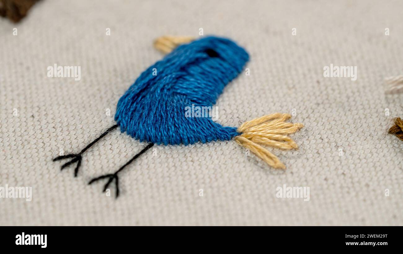 Whimsical Beauty: Close-Up Hand-Embroidered Blue Bird on Fabric Stock ...