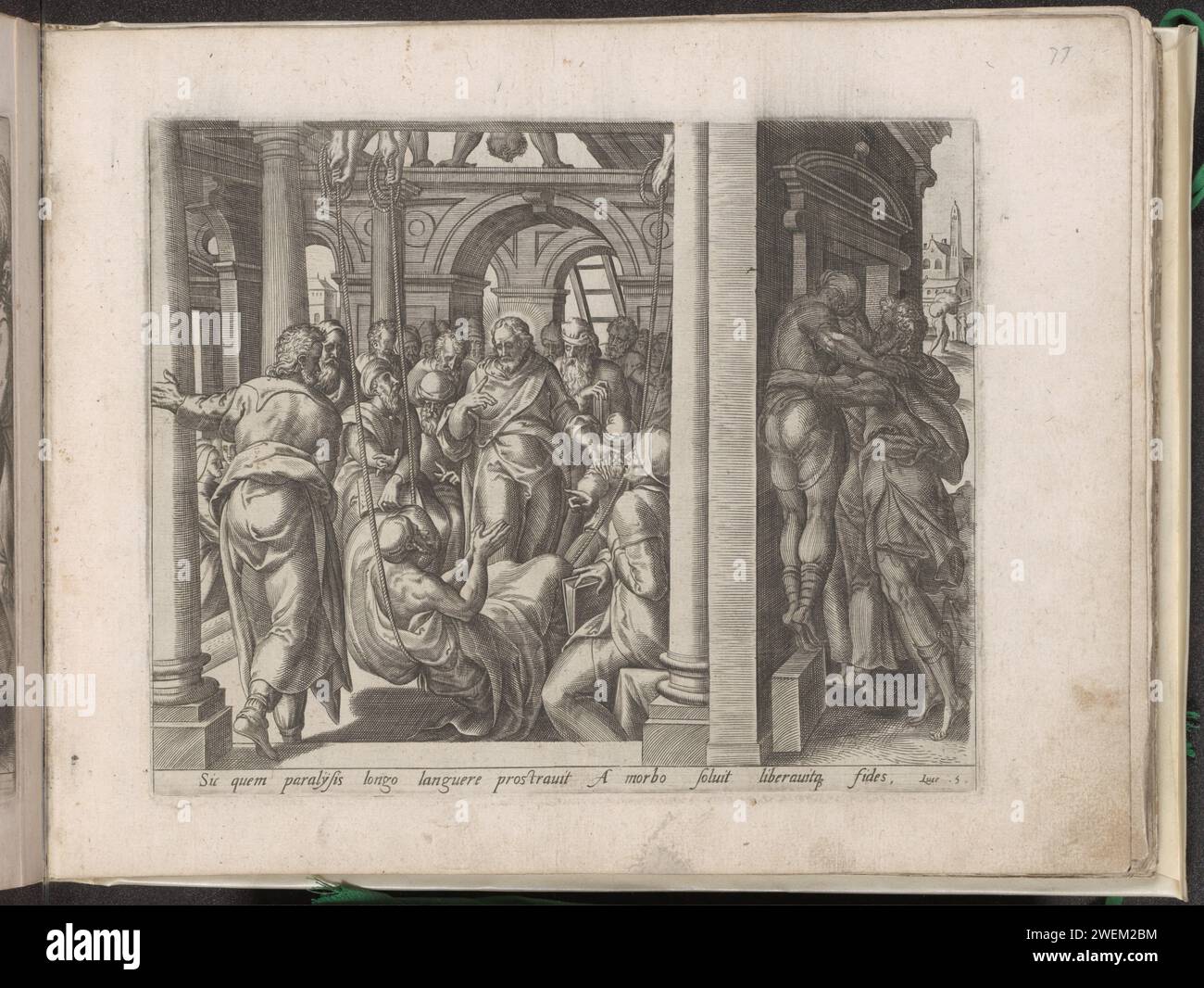 Christ heals the paralyzed man, 1572 - 1576 print A few men lower a ...