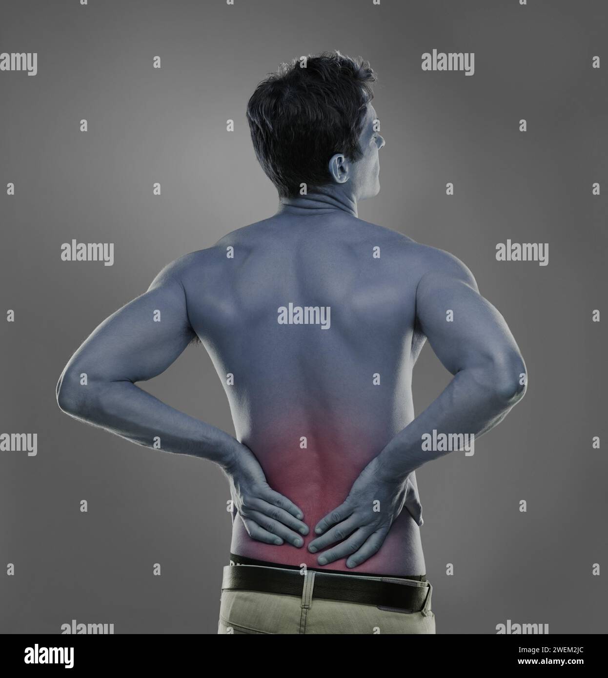 Back pain, injury crisis and studio man with medical emergency, sore ...