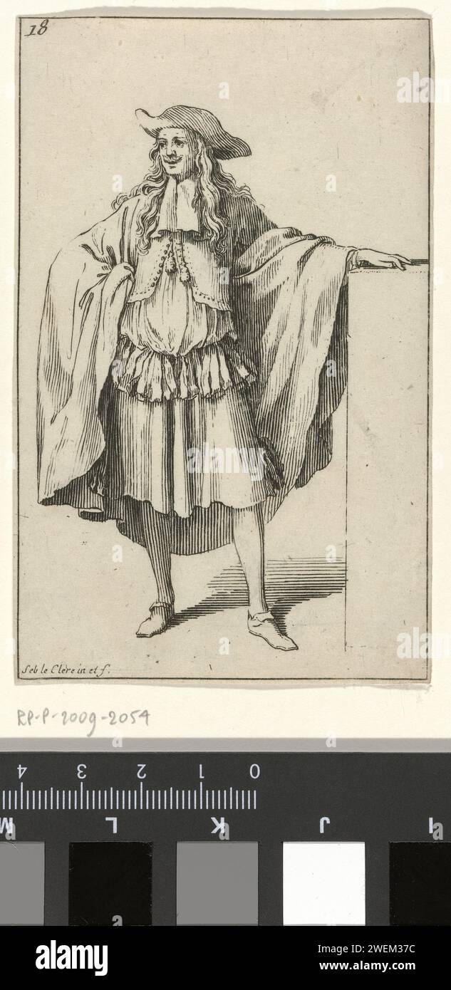 Man by wall, dressed in a Rhingrave costume and wide cloak, c. 1685 ...