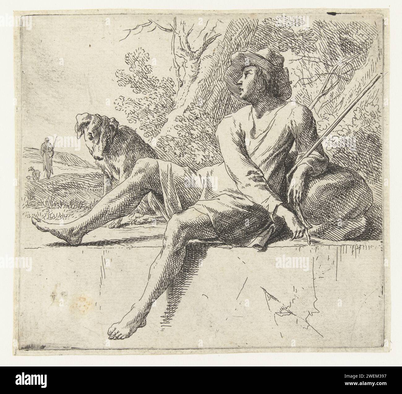 Seated shepherd with dog, Nicolaes Pietersz Berchem, 1648 - 1652 print ...