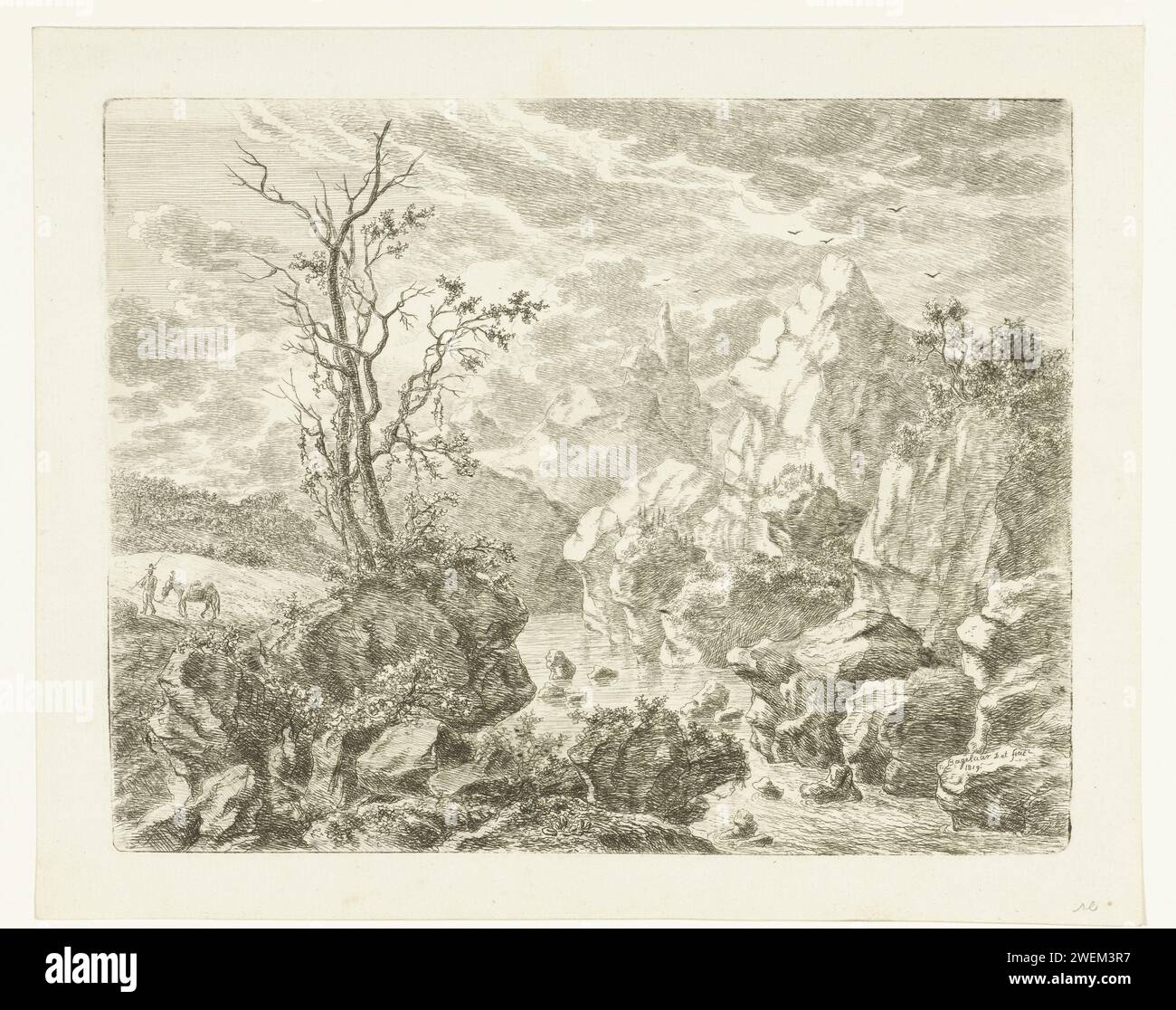 Rock landscape in Stiermarken, On the left a man with a mule, Ernst ...