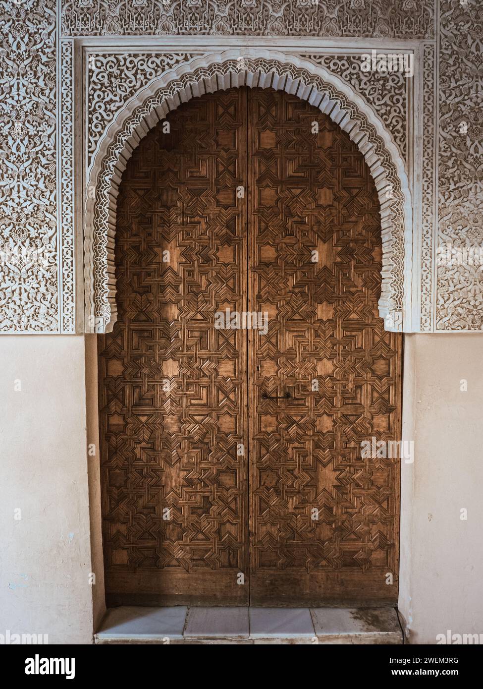 Stunning Wooden Alhambra Door With Geometric Patterns Calligraphic Inscriptions Colorful Tiles 