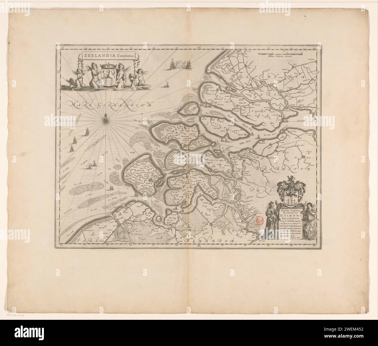 Map of Zeeland, Anonymous, 1662 print At the top left the title and the ...