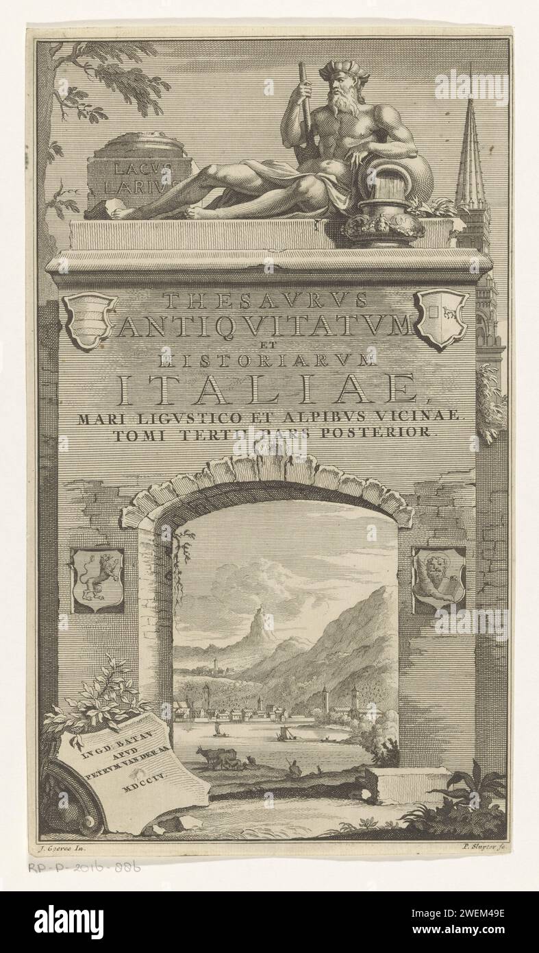 River god on Poort, Pieter Sluyter, After Jan Goeree, 1704 print A ...