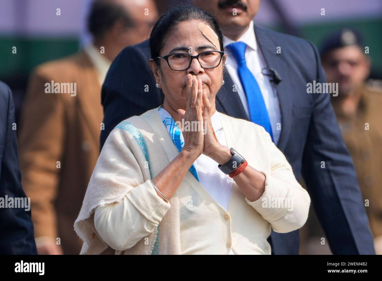 Chief Minister of West Bengal state, Mamata Banerjee, greets the ...