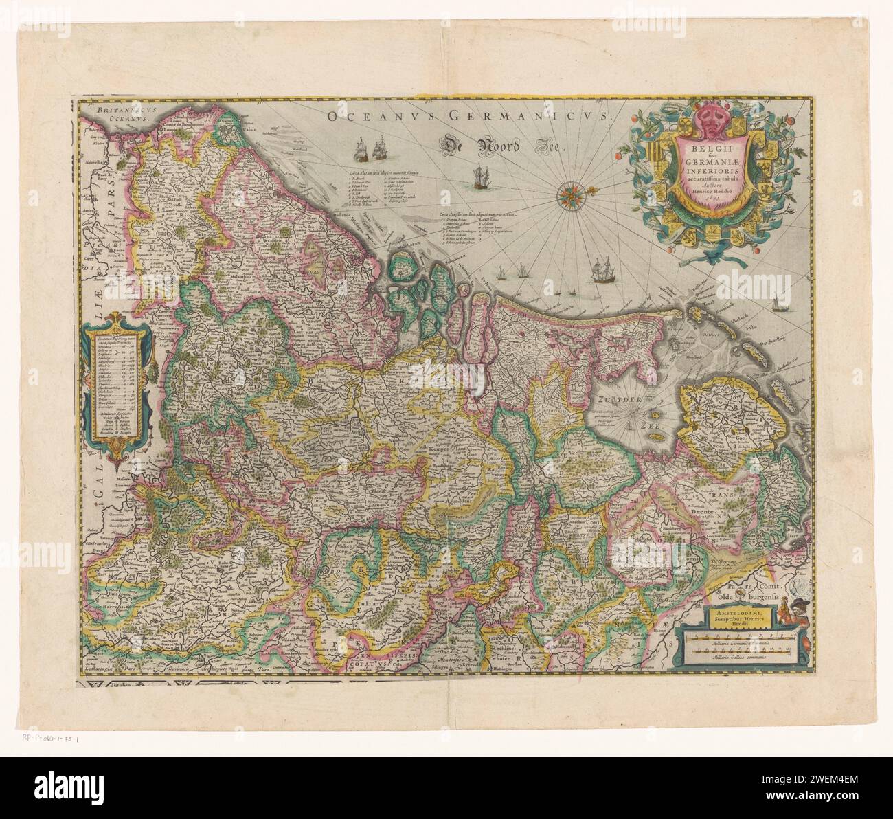 Map of the Netherlands, 1631, 1631 print On the left a cartouche with ...
