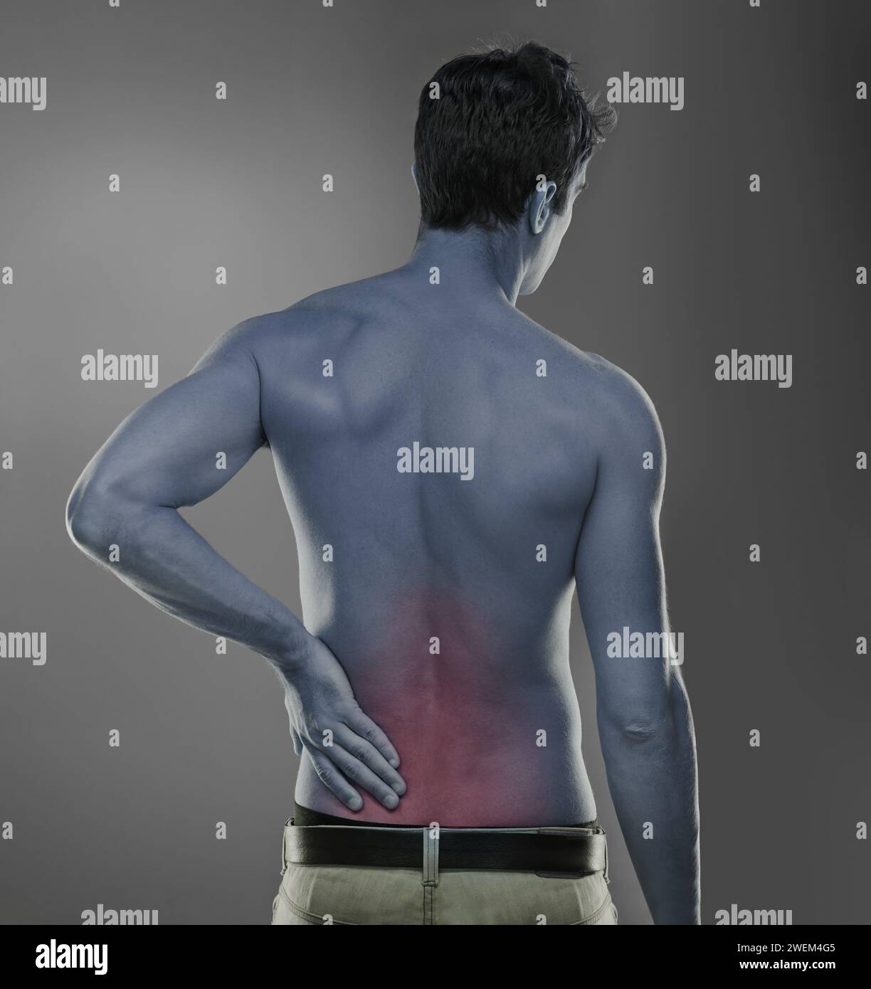 Man, back pain and injury of fitness in studio, medical problem and ...