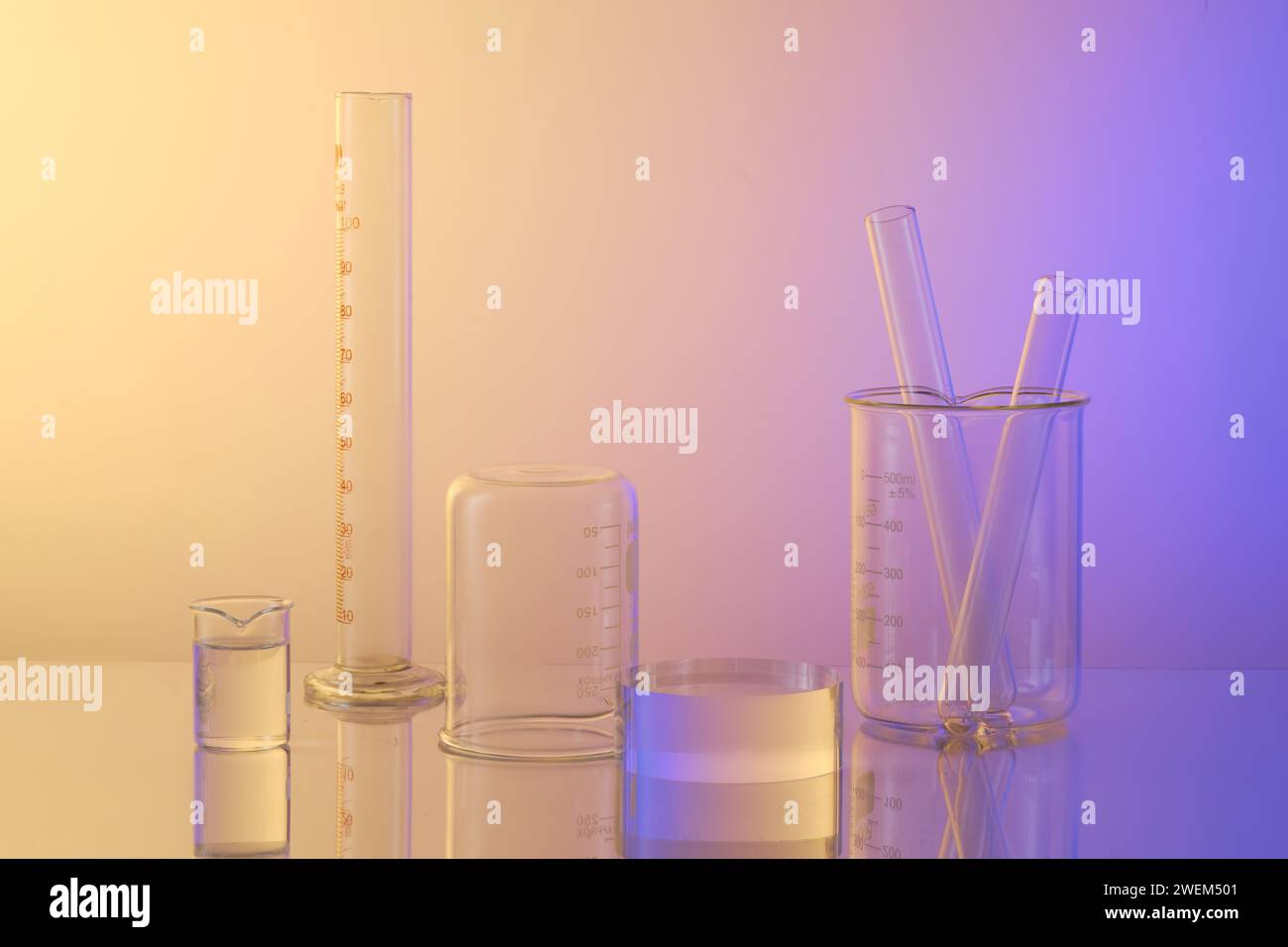 Lab theme with lab glassware - test tubes, beaker and transparent empty ...