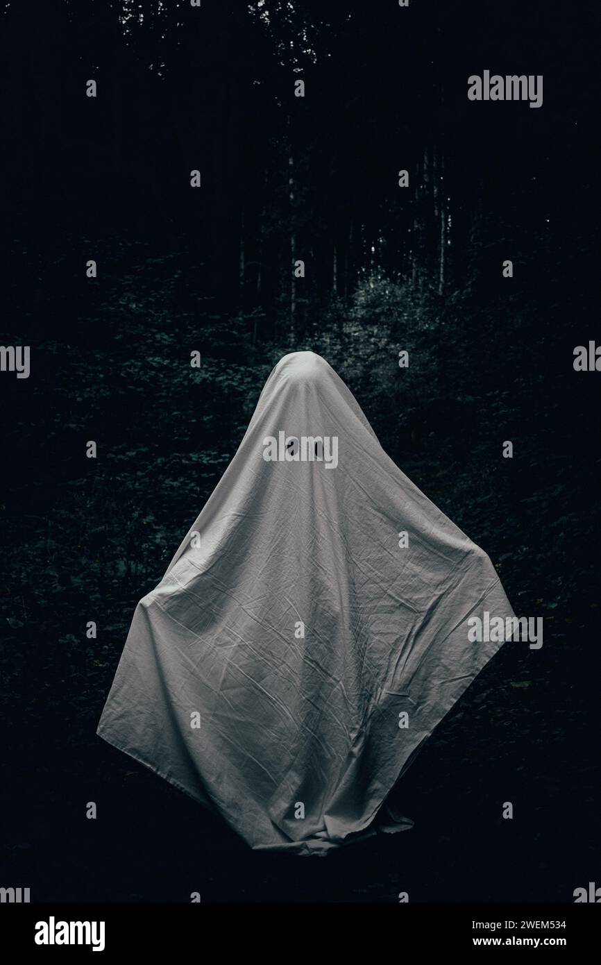 A child in a white sheet pretends to be a ghost on Halloween Stock ...