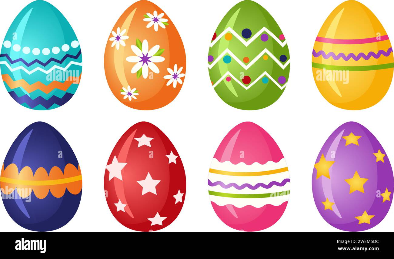Set of multi-colored Easter eggs with patterns. Painted chicken eggs in ...
