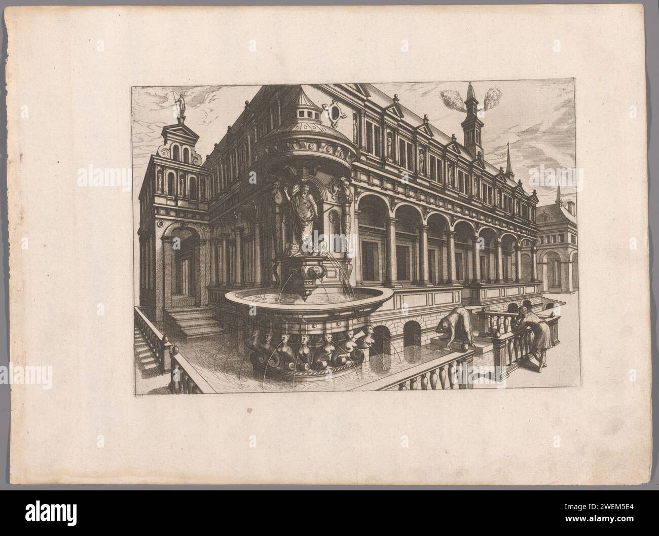 Fontein with statue of Moses, Joannes van Doetechum (I), after Hans ...