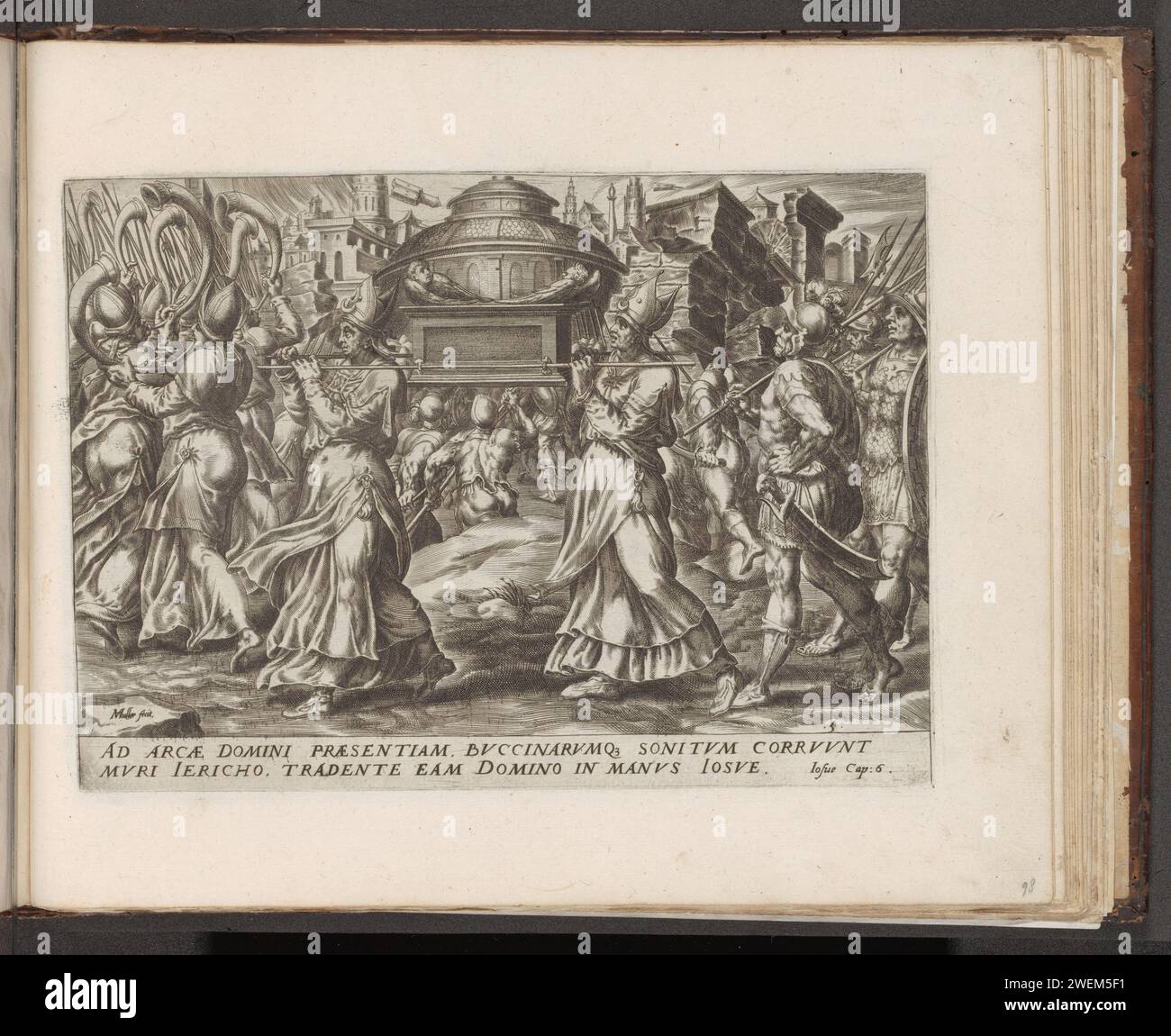 Fall of Jericho, 1579 print Seven priests blow on their ram hests ...