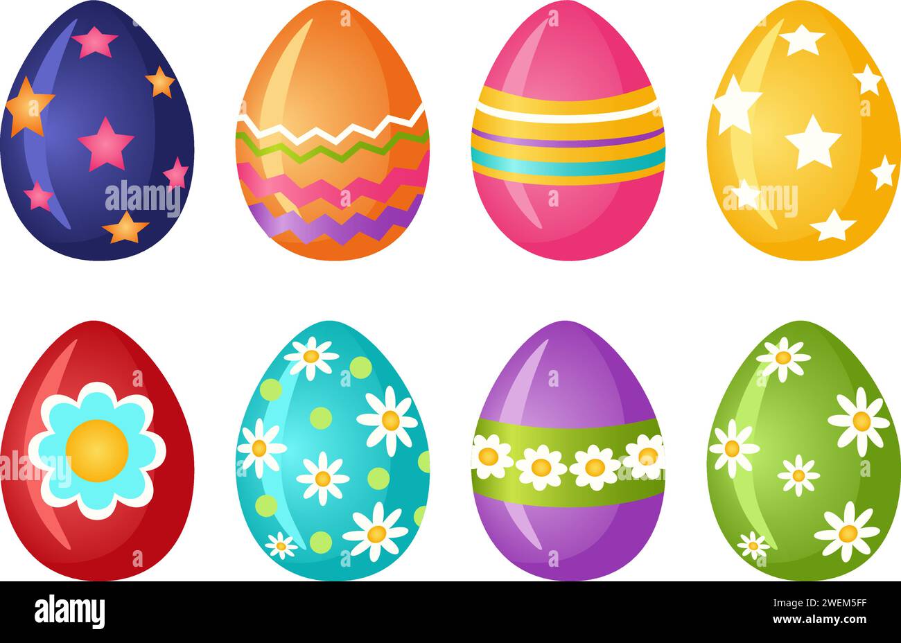 Bright decorated Easter eggs. A set of eight eggs of different colors ...