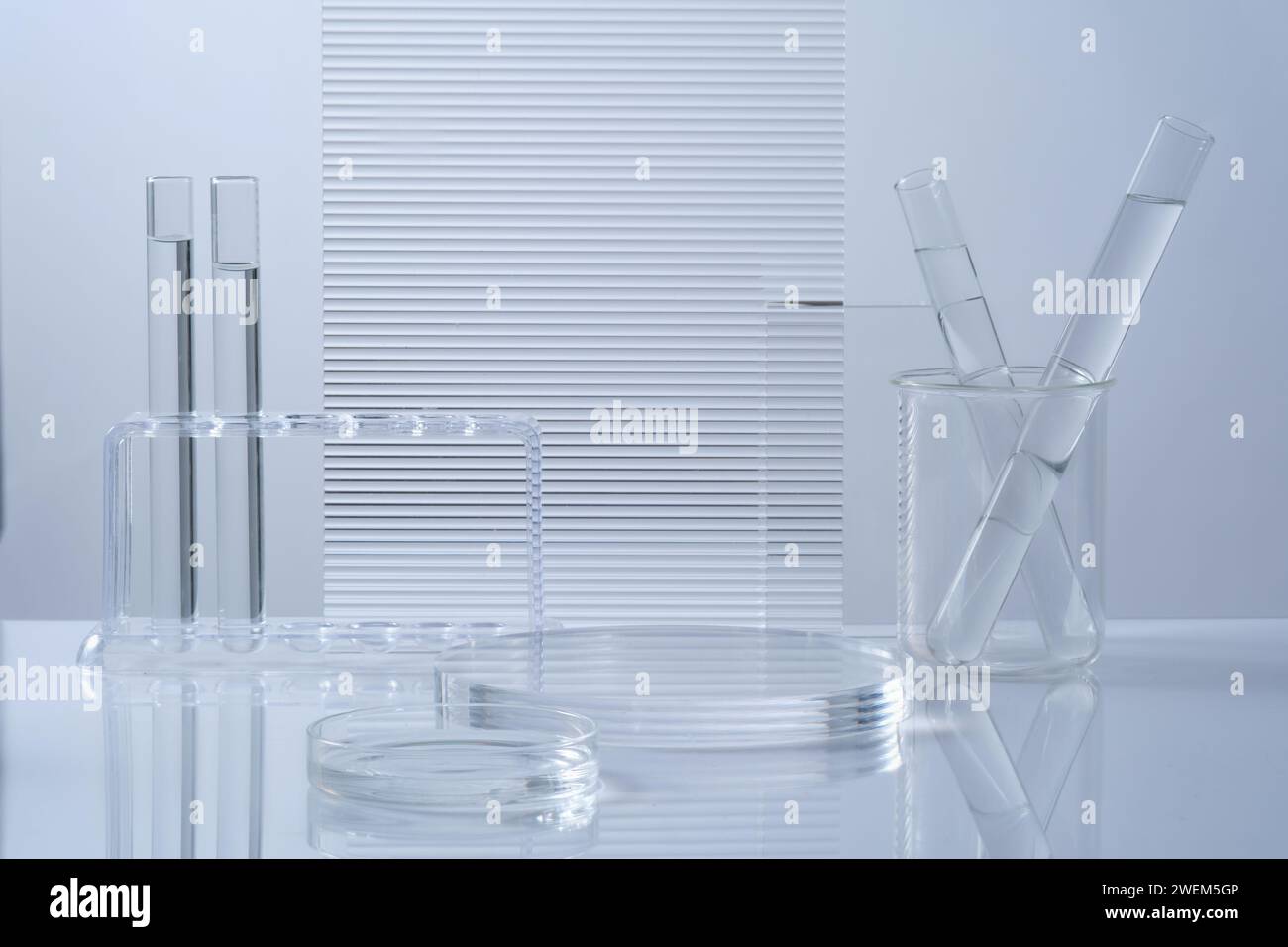 Science and medical background with transparent round podium, lab ...