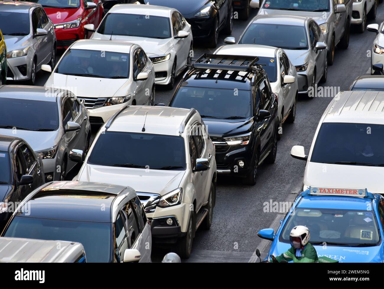 Traffic jam of cars on Silom Road, Bangkok, Thailand, Asia, as drivers ...