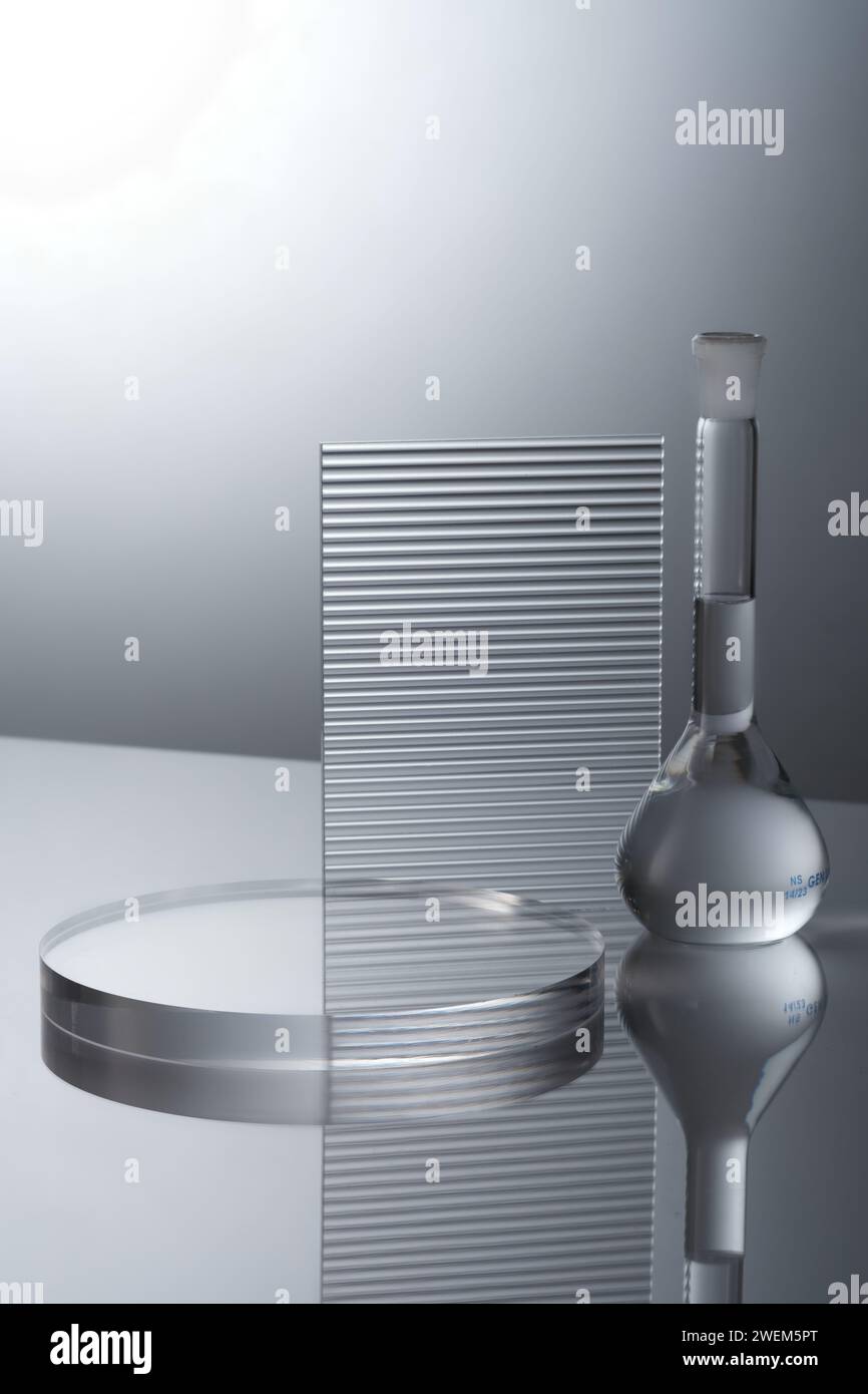 Front view of boiling flask containing transparent liquid inside ...